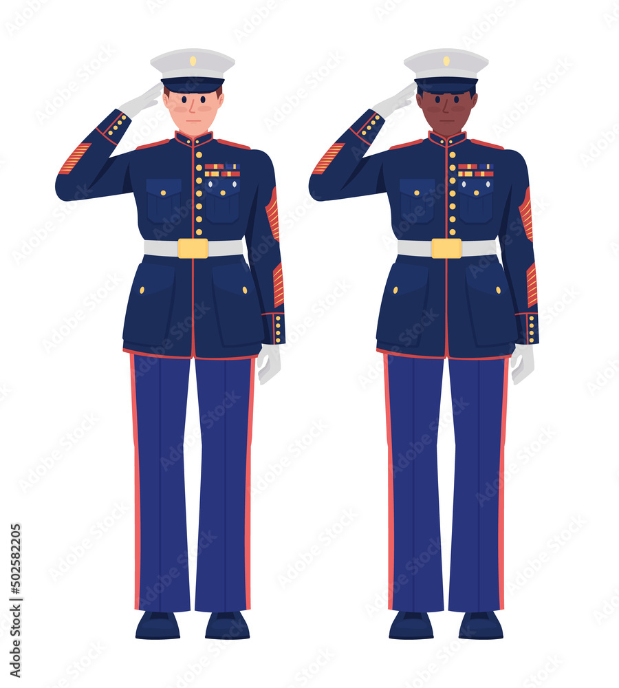 Full dress uniform semi flat color vector characters. Standing figures ...