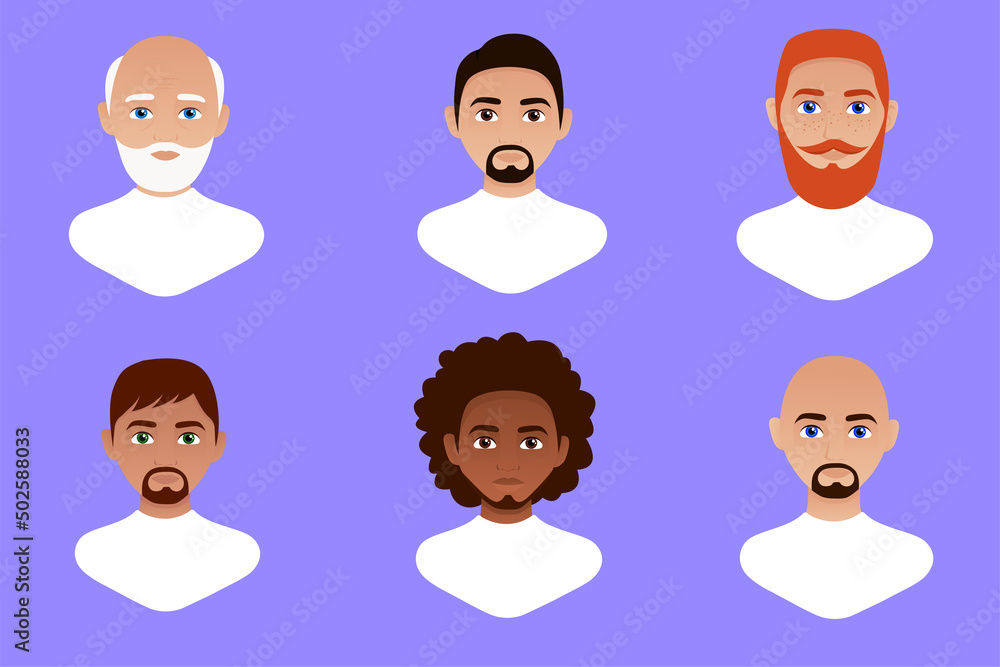 Set of human avatars. Various male face icons. Male characters. User ...