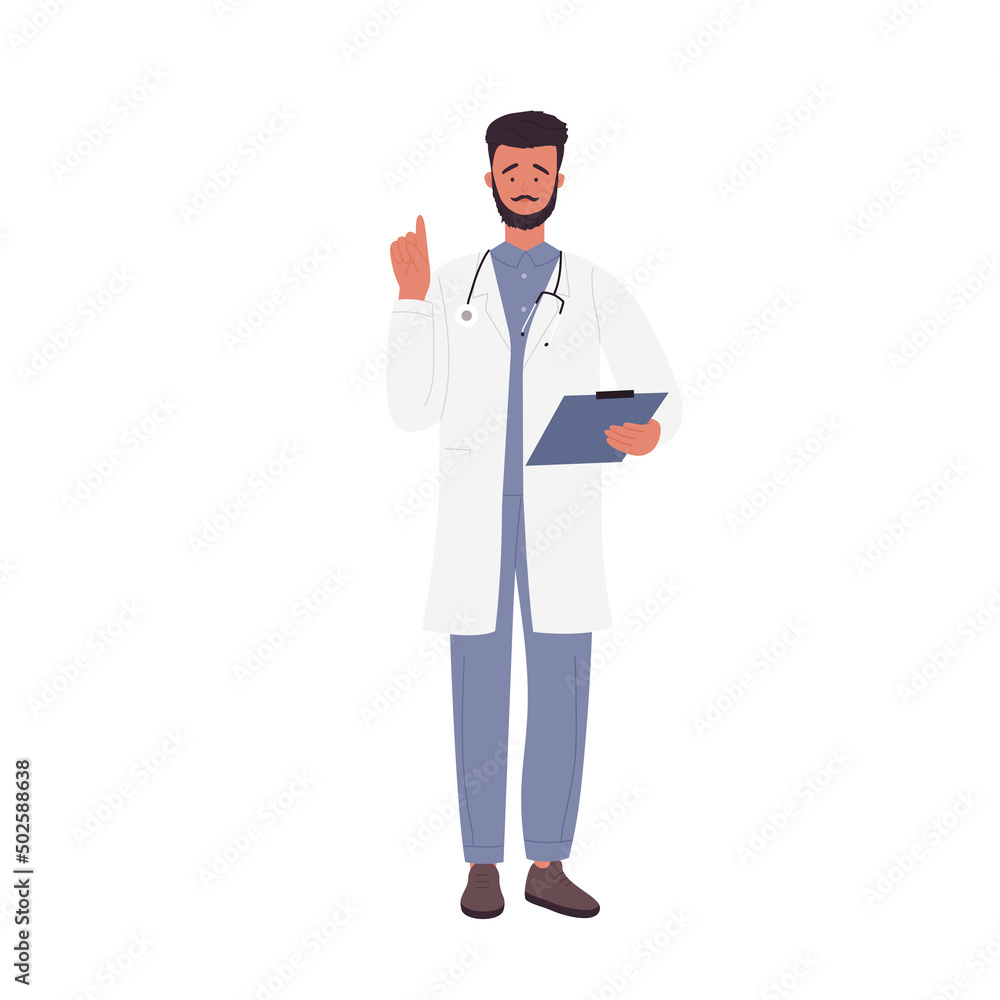 Standing doctor pointing finger up. Medical care, hospital employee ...