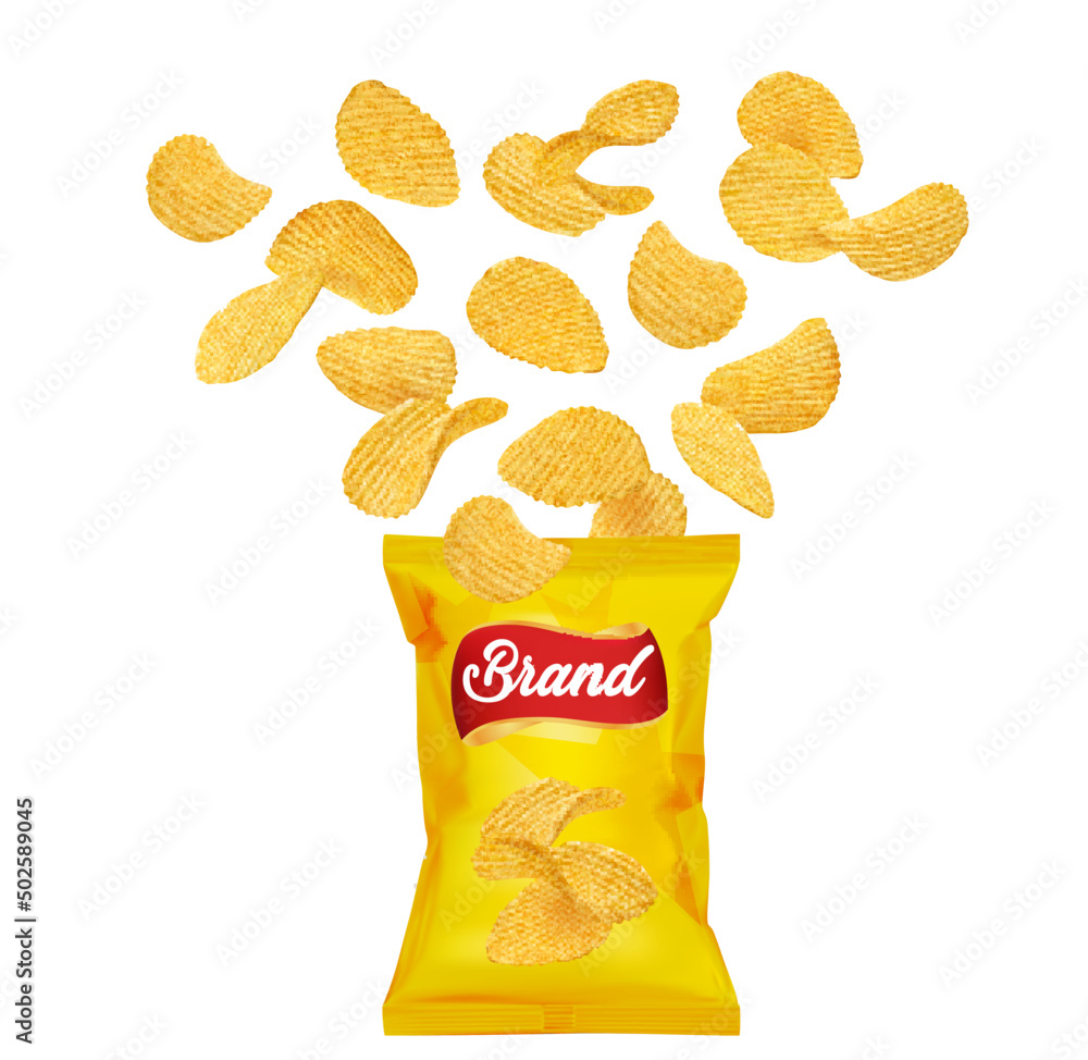 Crispy ripple potato chips flying into pack, vector realistic snacks ...
