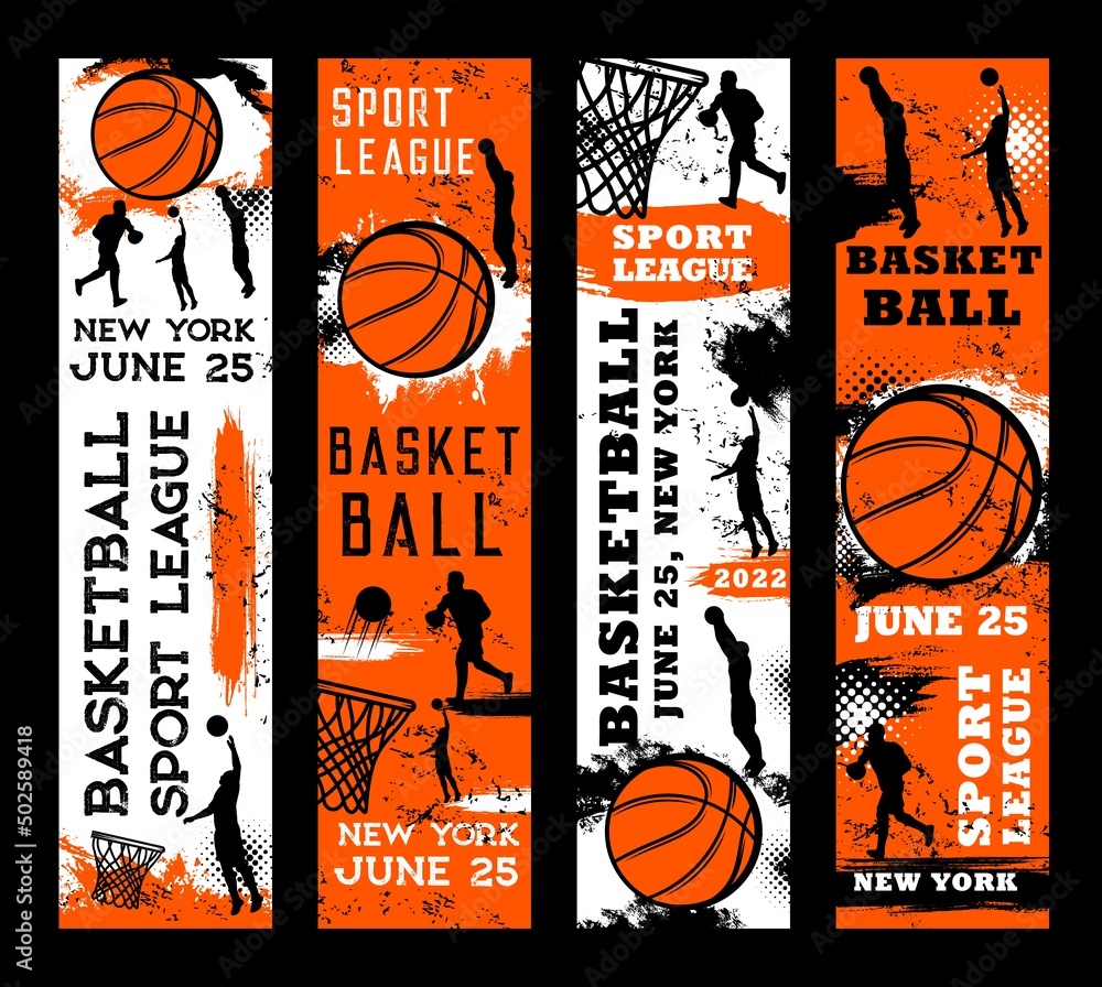 Basketball sport grunge banners with players and ball, vector halftone ...