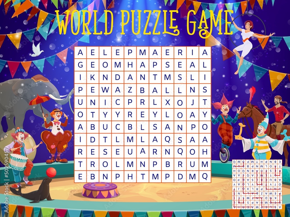Shapito circus performers on stage word search vector puzzle game ...