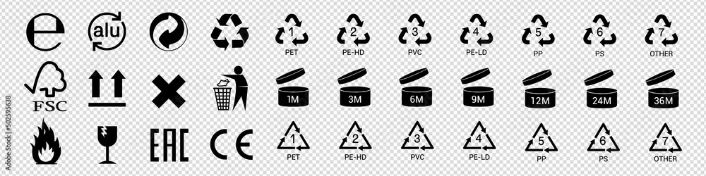 Packaging icons. Recycling symbols. Standard signs, certification mark ...