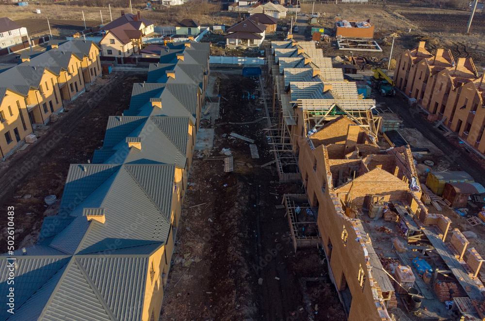 drone aerial view of construction residential new house in progress at ...