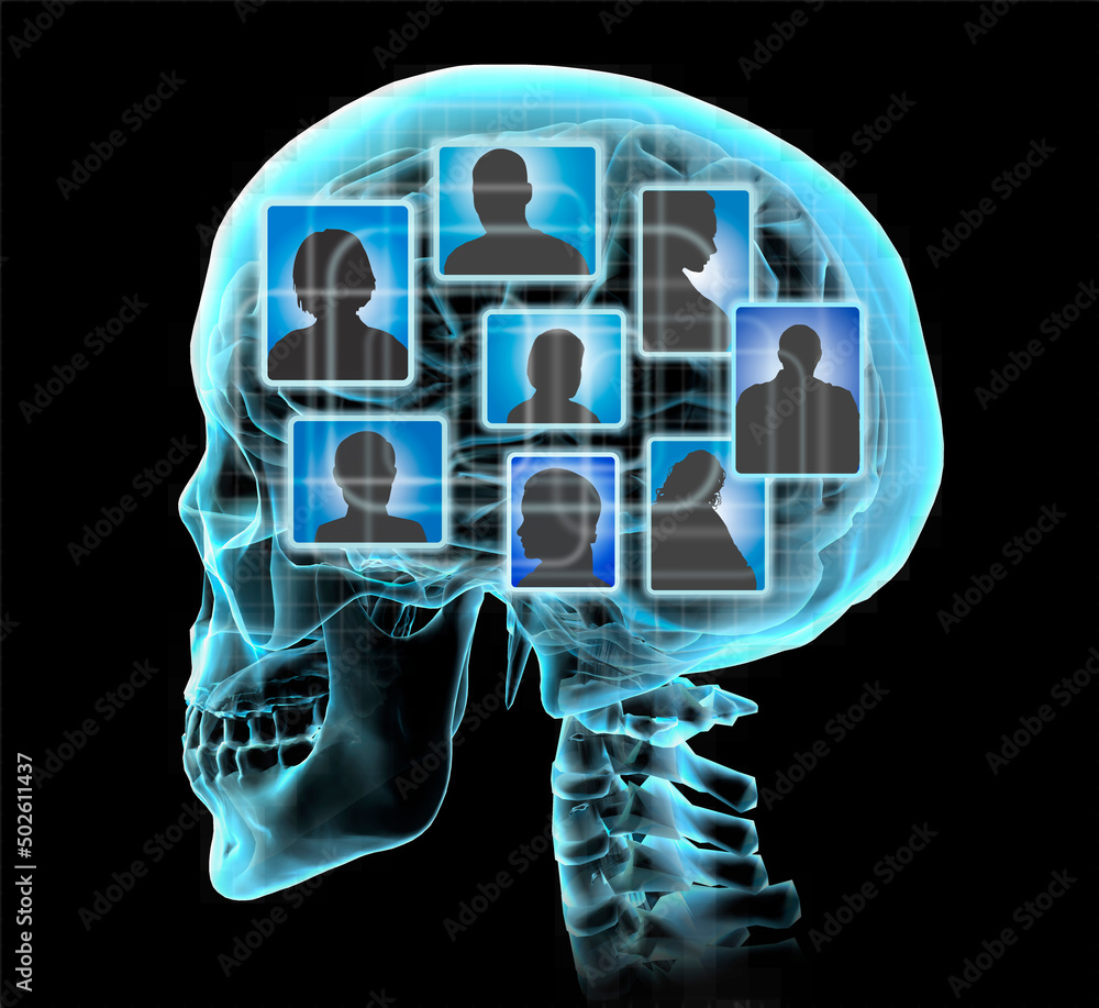 Social networking represented by blue icons inside a skull and brain ...