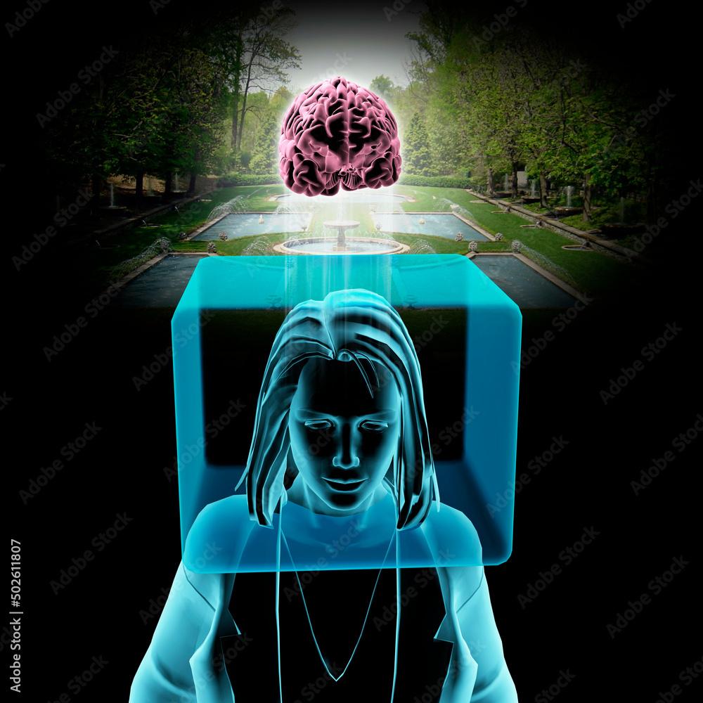 Thinking Outside The Box - Digital image of woman with head in box and ...