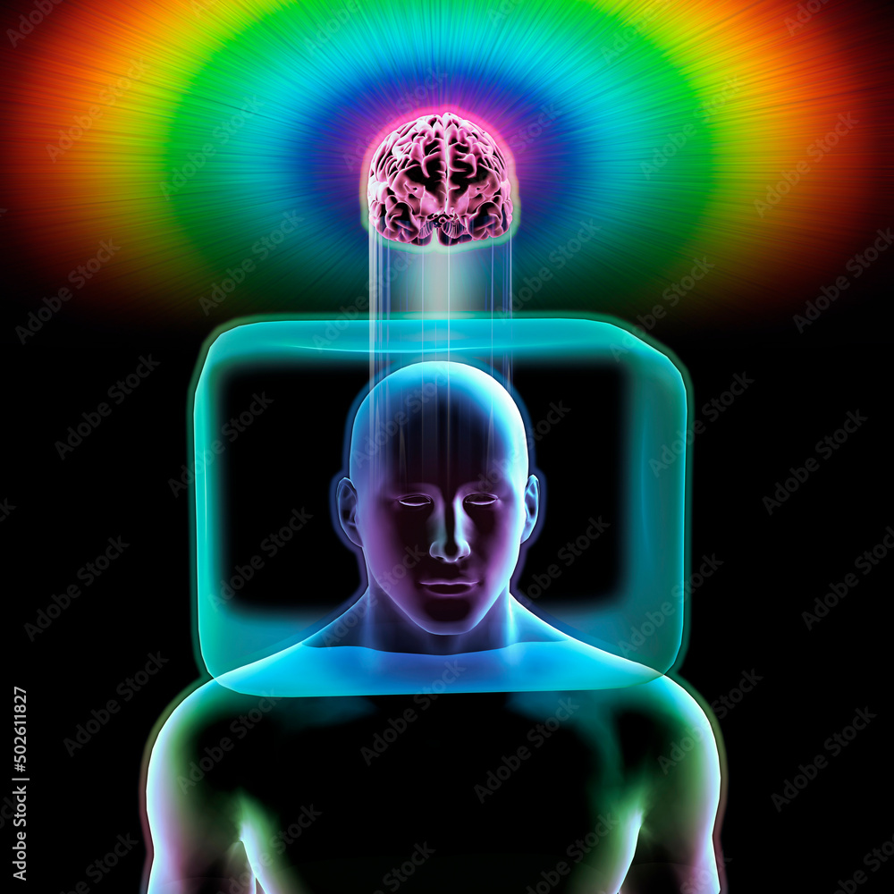 Blue man with head inside box with brain is outside box, and bright ...