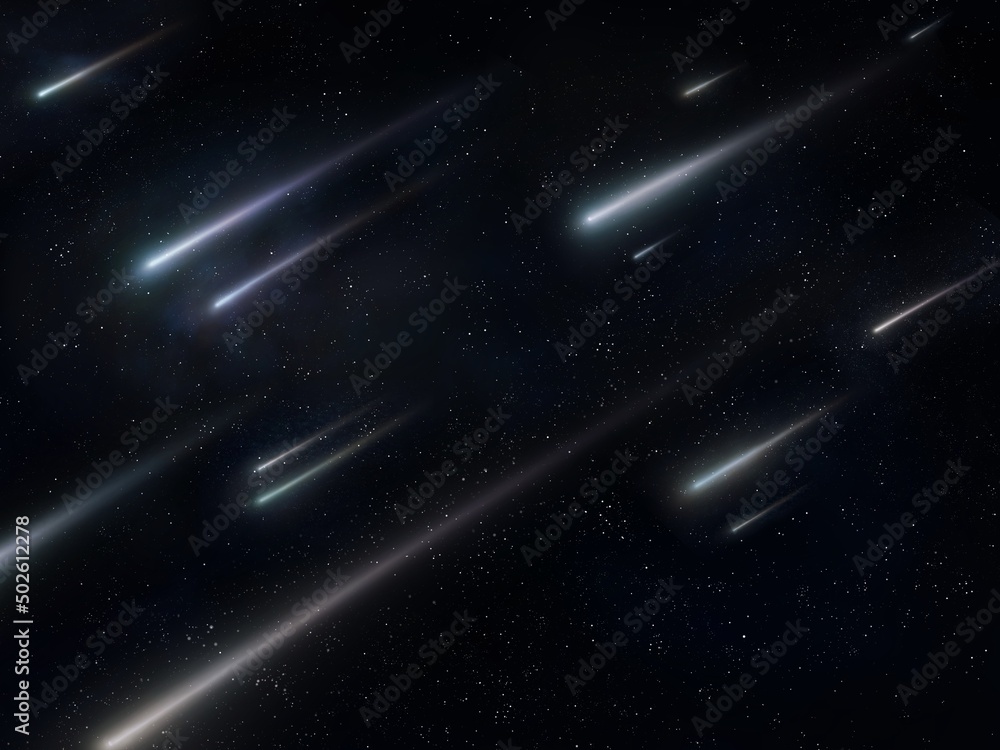 Star rain in the night sky. Falling stars on a black background. Beautiful meteor shower ...