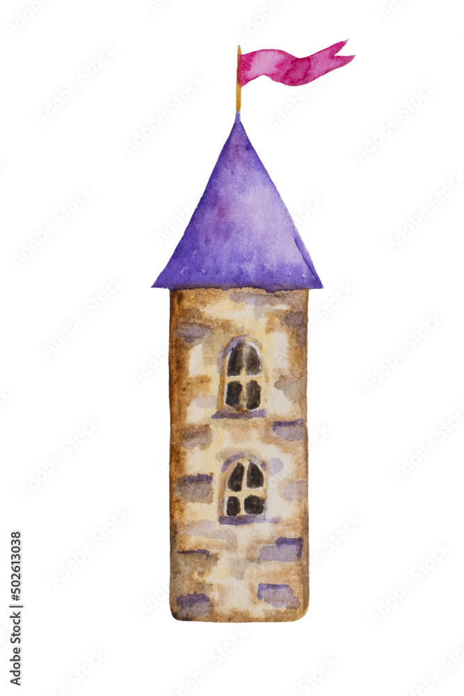 Cute fairy tale castle tower isolated on white background. Children's ...
