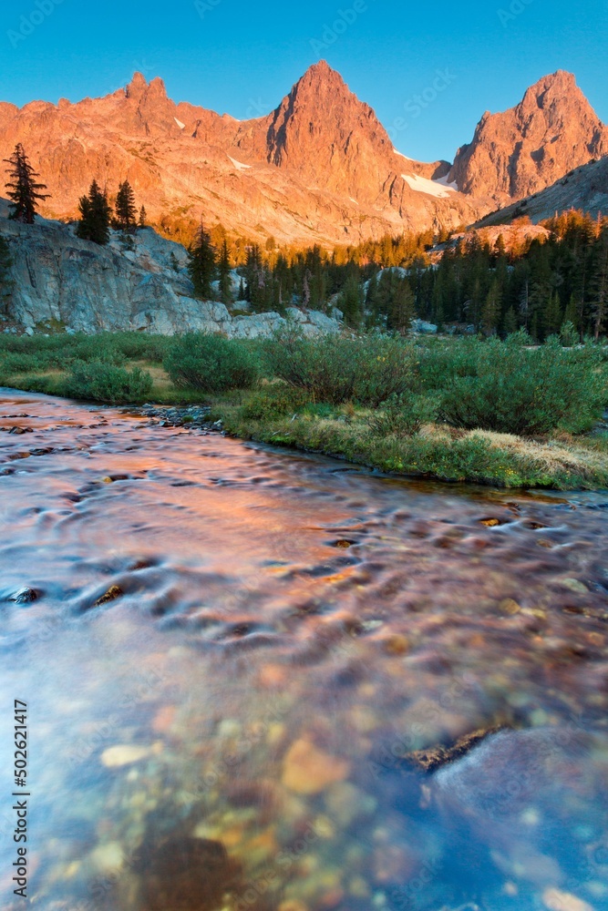 Stream entering into a lake, Ediza Lake, Ansel Adams Wilderness, Inyo ...