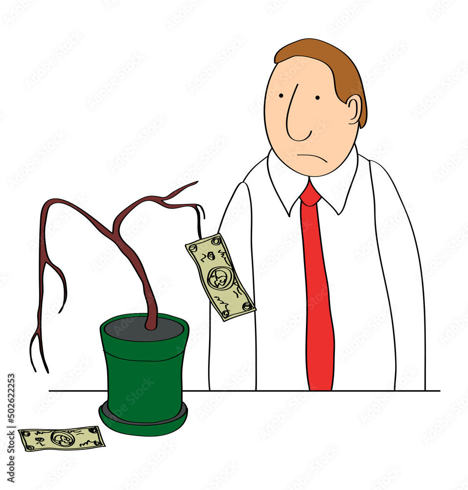 Sad man looking at withered plant with banknotes Stock Illustration ...