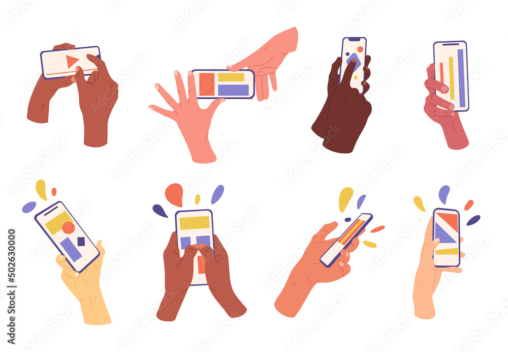 Human hands holding smartphone, fingers touching screen. Scrolling ...