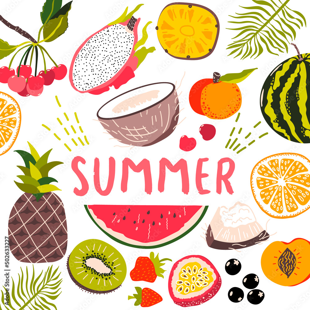 Summer background. Fresh tropical fruits, sliced pieces. Pineapple ...