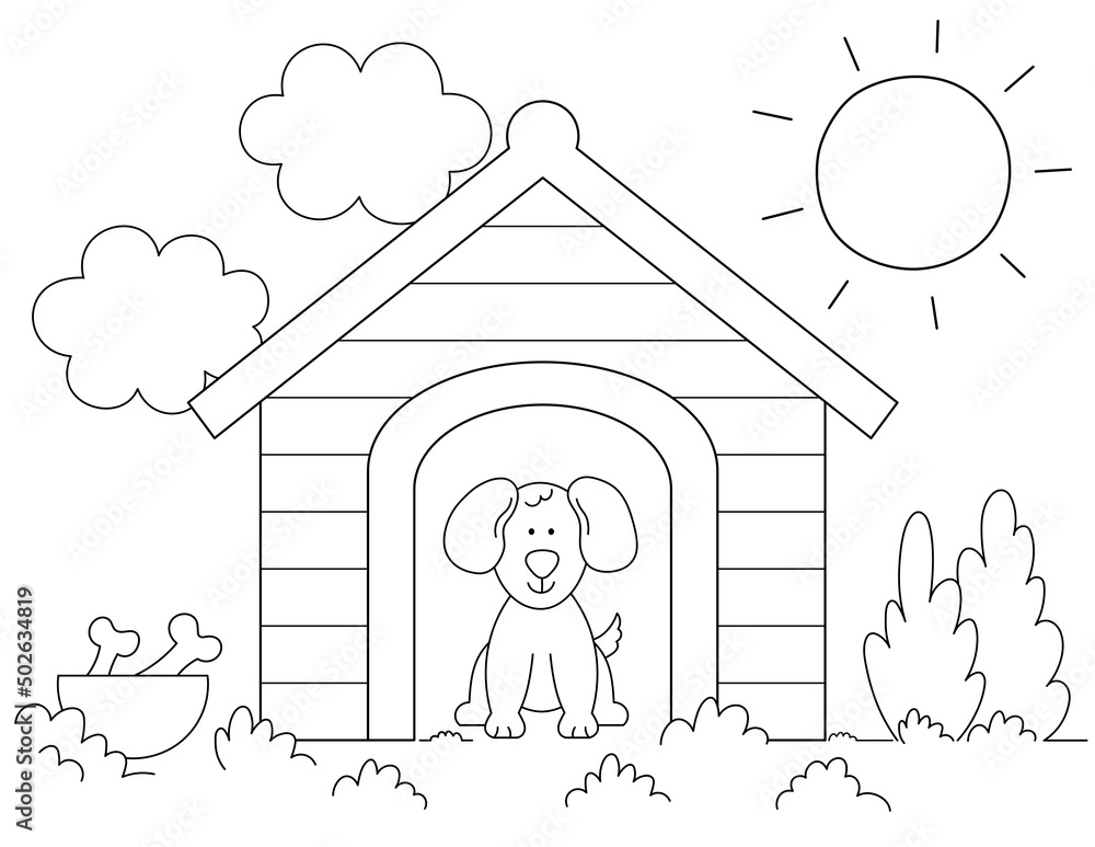 coloring page for kids, cute dog inside a dog house and a sunny day in ...