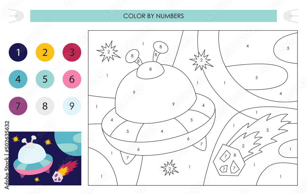 Space activities for kids. Color by numbers – UFO in outer space. Logic ...