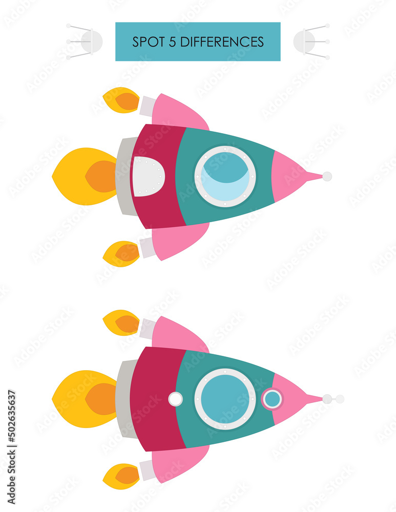Space activities for kids. Spot 5 differences. Rocket ship. Vector ...