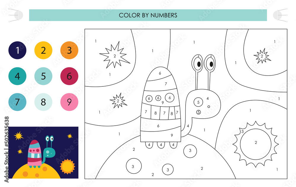 Space activities for kids. Color by numbers – cute alien on the moon ...