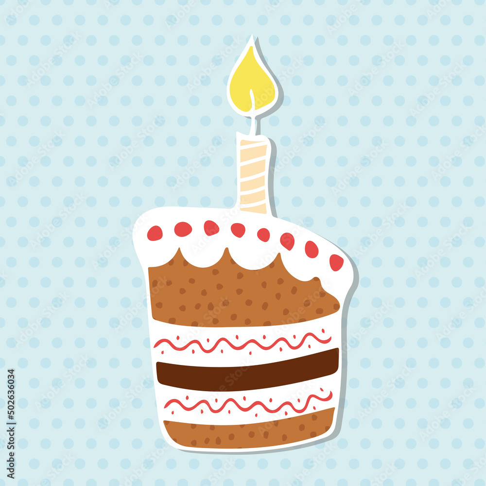 Colorful birthday cake with candle. Hand drawn outline illustration ...