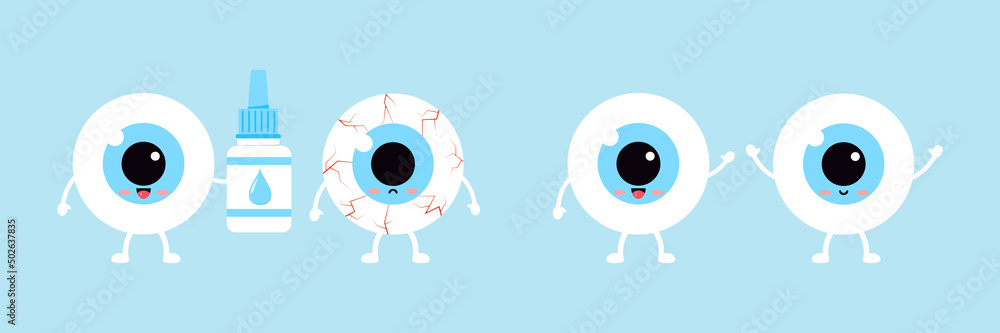 Cute eyeball gives eye drop liquid bottle to ill dry character isolated ...