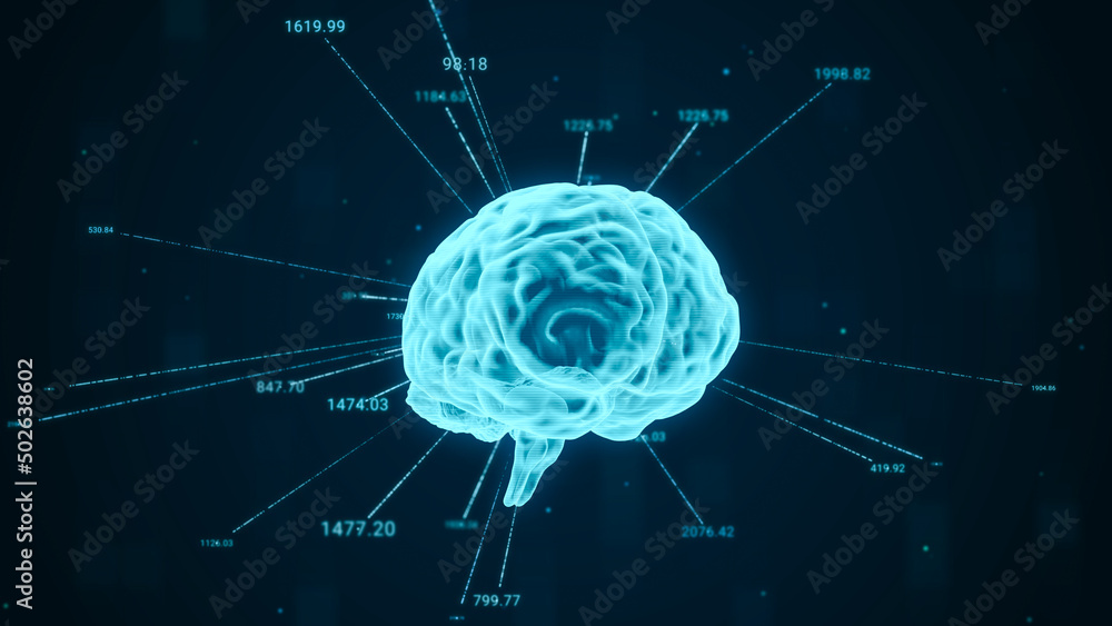 Human brain with data number analysis computation, neural network connections in digital ...