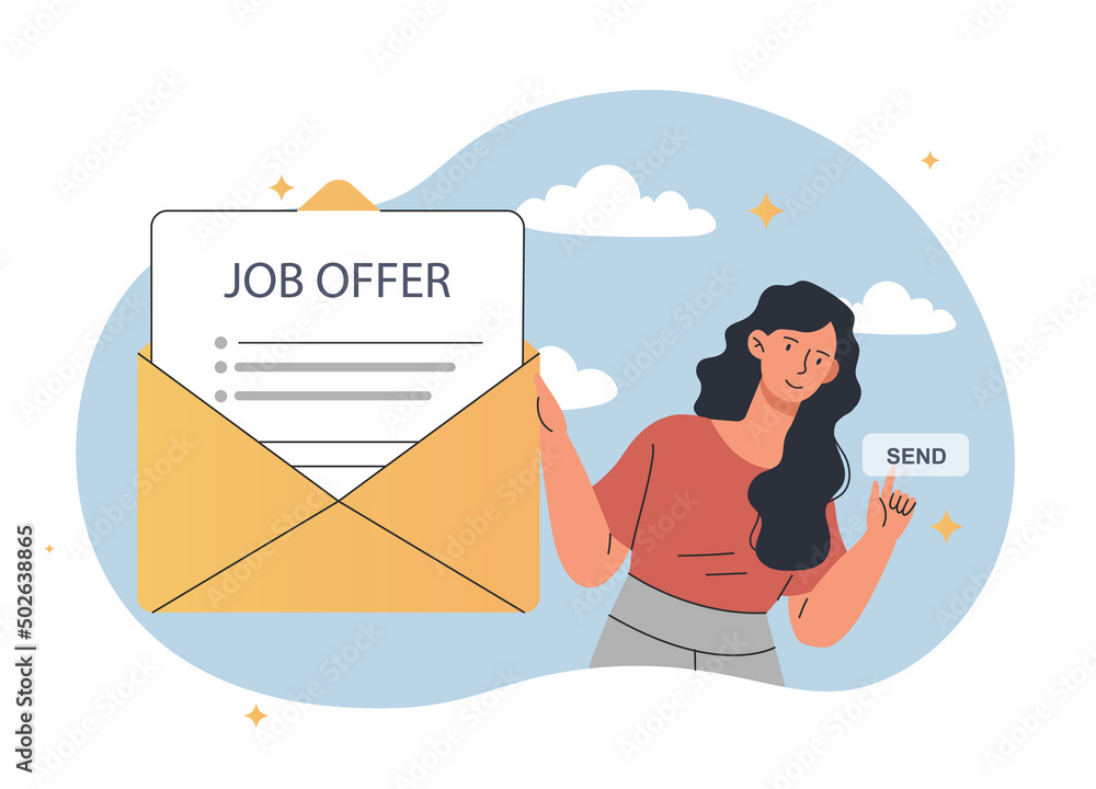 Job offer concept. Young girl trying to get into company. Job candidate ...