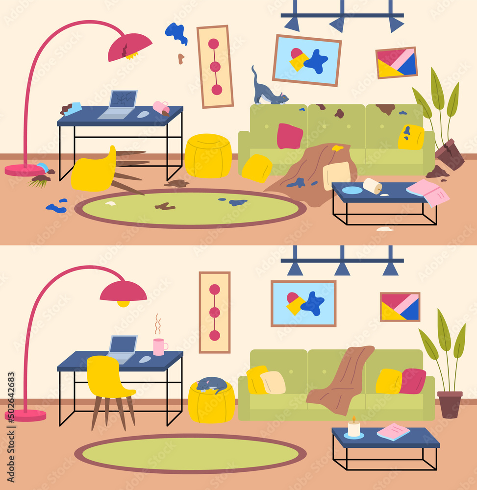 Cartoon Color Clean and Dirty Stained Home Living Room Concept Flat ...