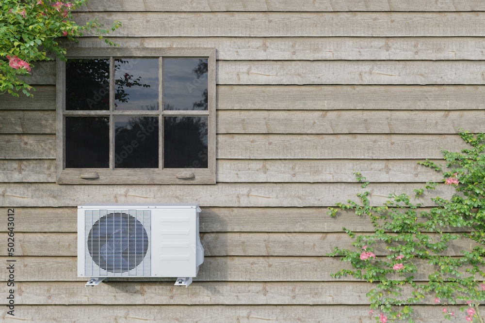 outdoor air conditioner unit on a wooden house with a window. 3d Stock ...