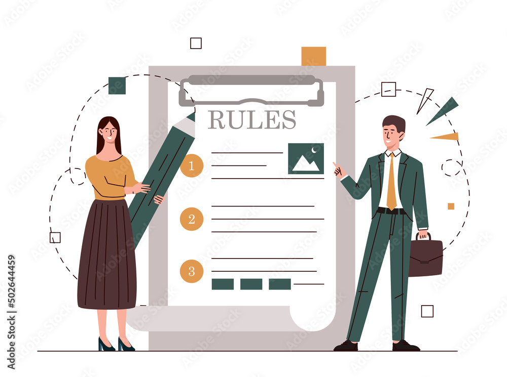 Business rules concept. Man and girl with large pencil studying ...