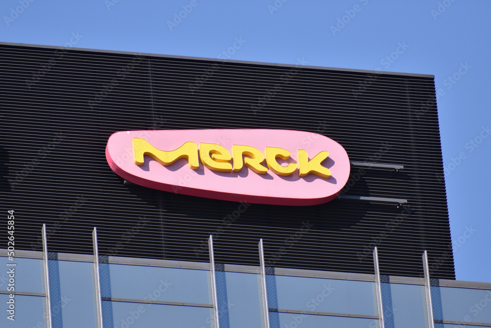 Merck signage, logo, emblem on the facade of German multinational ...