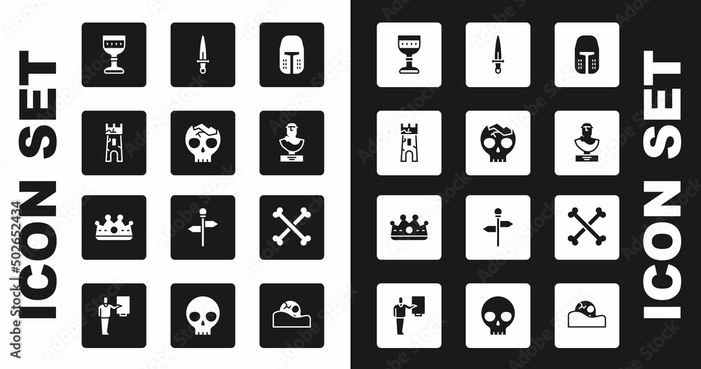 Set Medieval iron helmet, Broken human skull, Castle tower, goblet ...