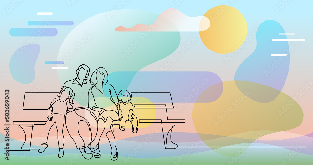 continuous line drawing of family of four sitting on park bench Stock ...