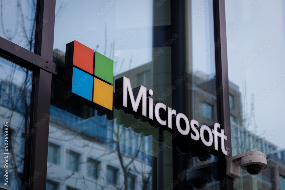 Oslo, Norway. May 01, 2021: Microsoft logo at office building, sign ...