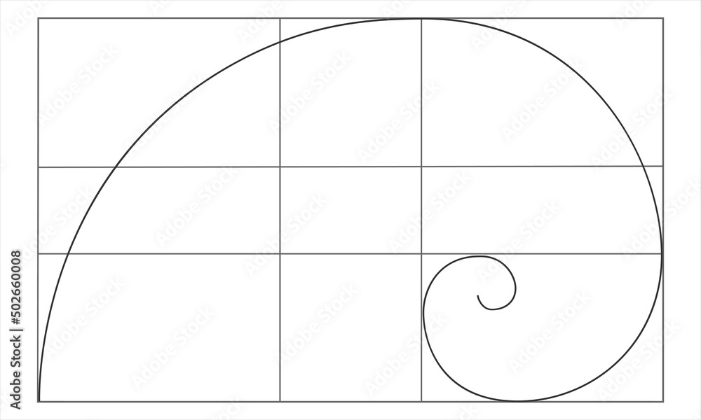 Golden ratio sign. Logarithmic spiral in rectangle. Fibonacci Sequence ...