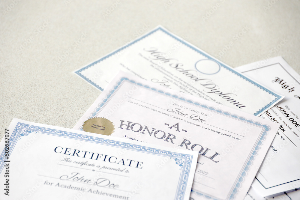 A honor roll recognition, certificate of achievement and high school ...