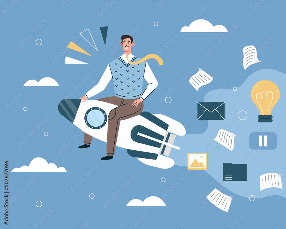 Market launch concept. Man sits on rocket, space and adventure, galaxy ...