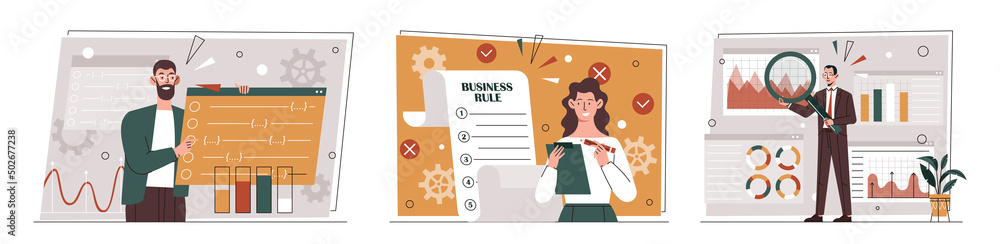 Project management set. Collection of employees working with graphs and ...