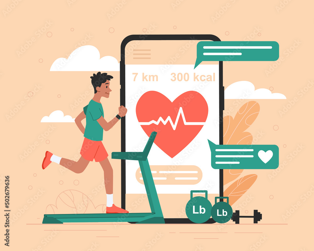 Training app concept. Man runs on treadmill next to large smartphone ...