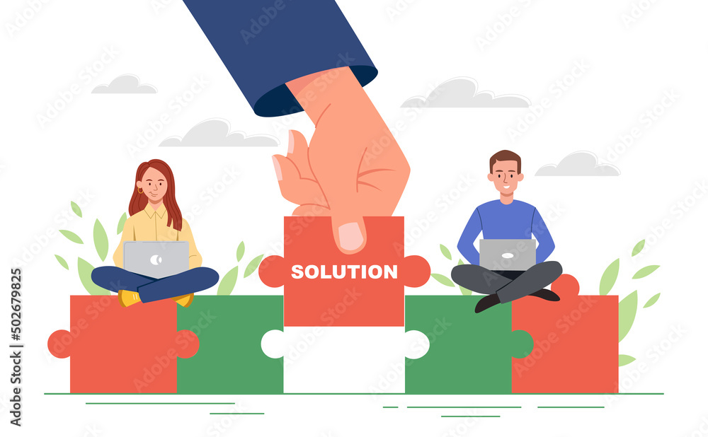 Offering solution concept. Man and girl with laptops on puzzles ...