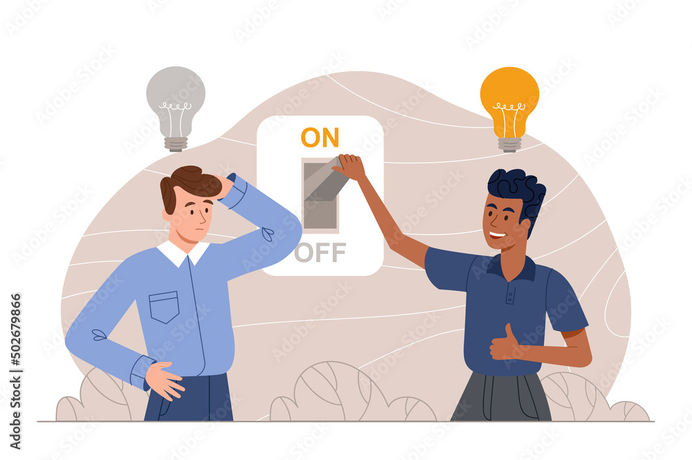 Light lamp control. Happy man switches electricity switch. Metaphor of ...