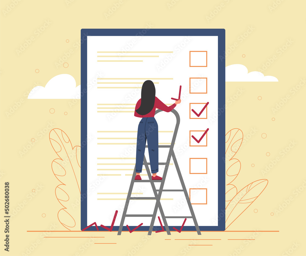 Woman ticks checkmark. Young girl notes accomplished goals, responsible ...