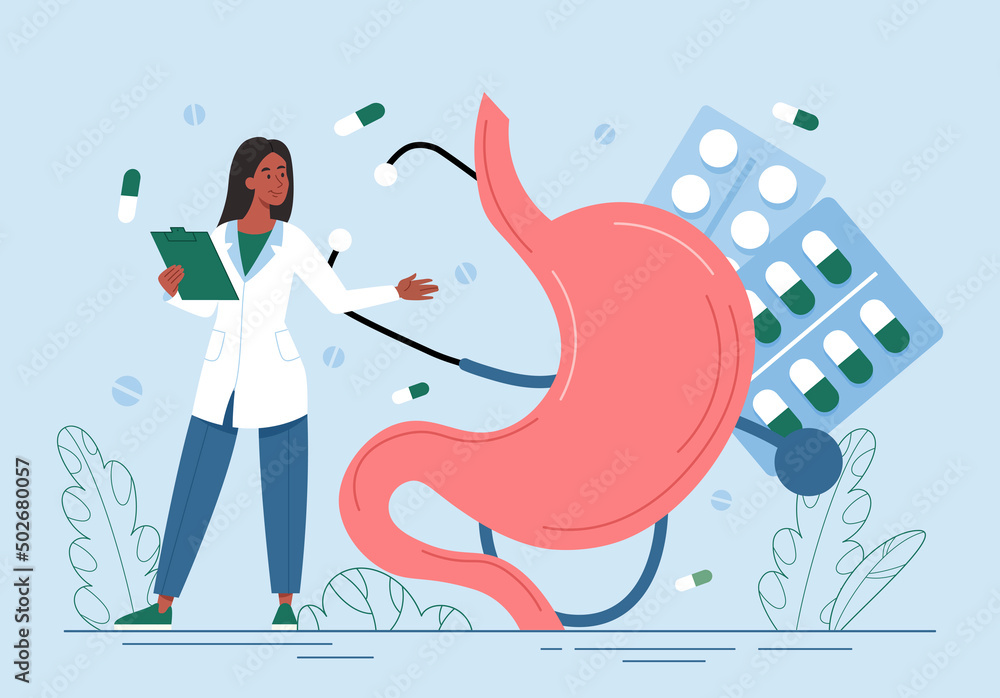 Concept of gastroenterology. Young girl in medical gown next to stomach ...