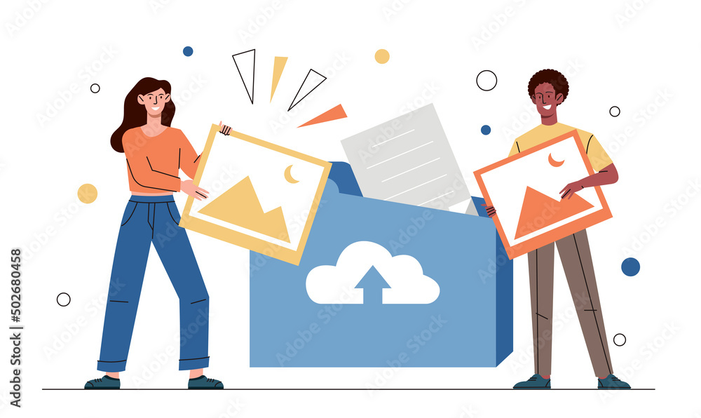 Upload photo concept. Man and girl throw image into folder with files ...