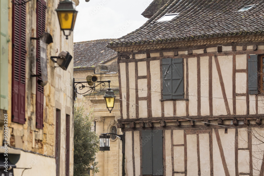 Facade of half timbered houses, medieval buildings, in a typical french ...