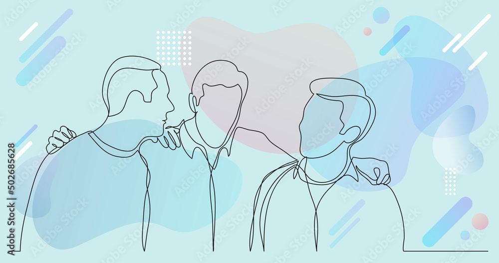 company of men friends hugging and talking - one line drawing Stock ...