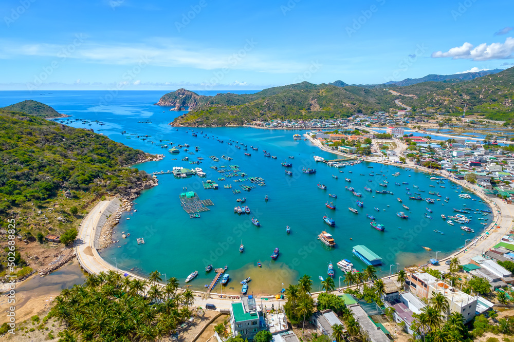 Vinh Hy Bay viewed from above at noon in summer with hundreds of ...