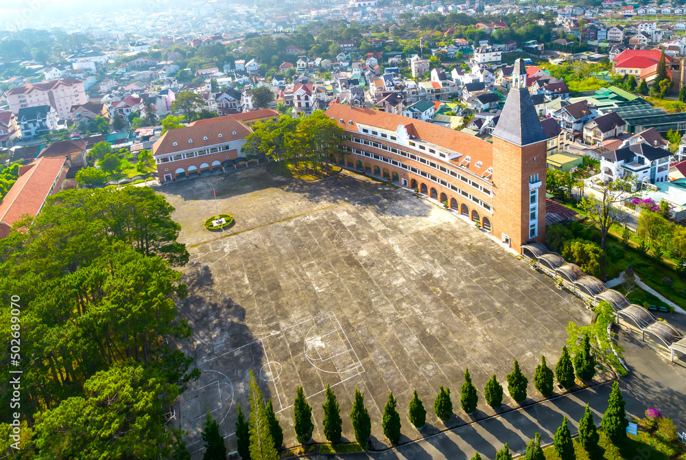 Aerial view Da Lat Pedagogical College in morning, with its unique arc ...