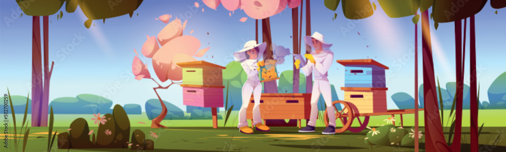 Beekeepers on apiary on summer meadow. Bee farmers with honeycomb frame ...