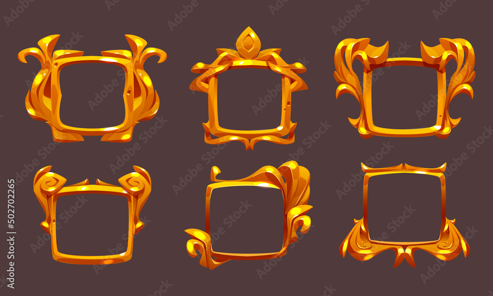 Square ui game frames, gold textured ornate rims with medieval decor. Cartoon empty level ...