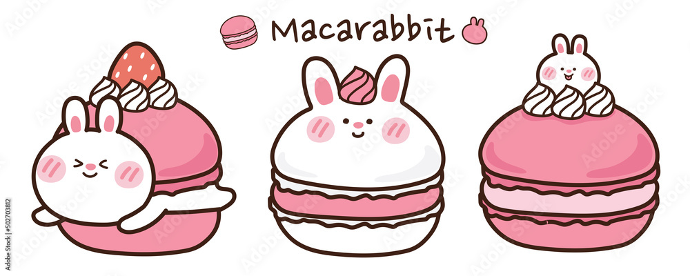 Set of macaron with rabbit hand drawn.Cute cartoon doodle.Isolated ...