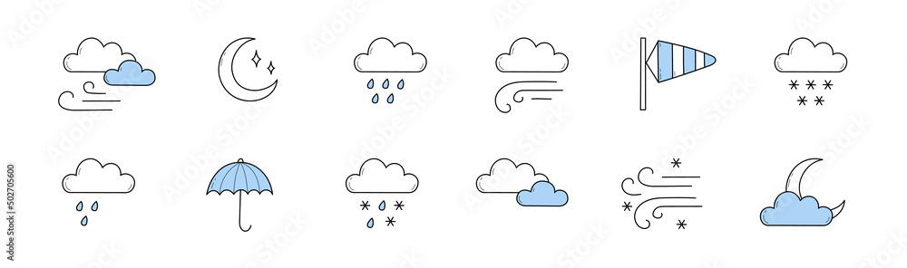 Weather icons, meteorology forecast signs with moon, clouds, water ...